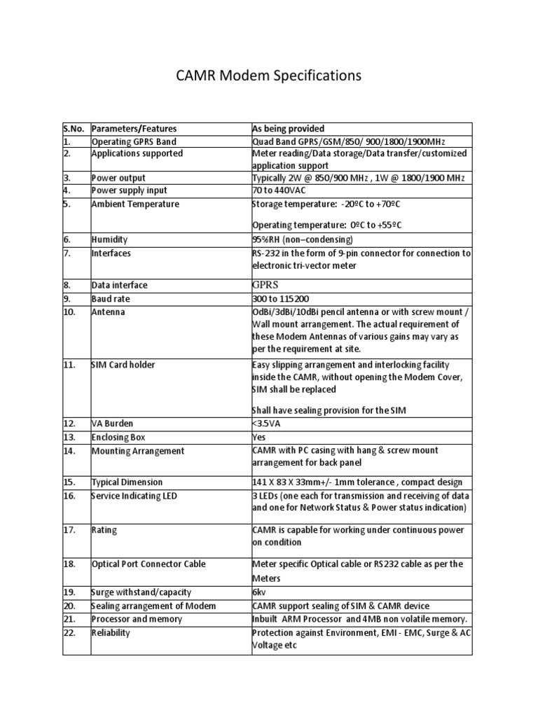 AMR Modem Specifications (1298027) | PDF | Modem | Manufactured Goods