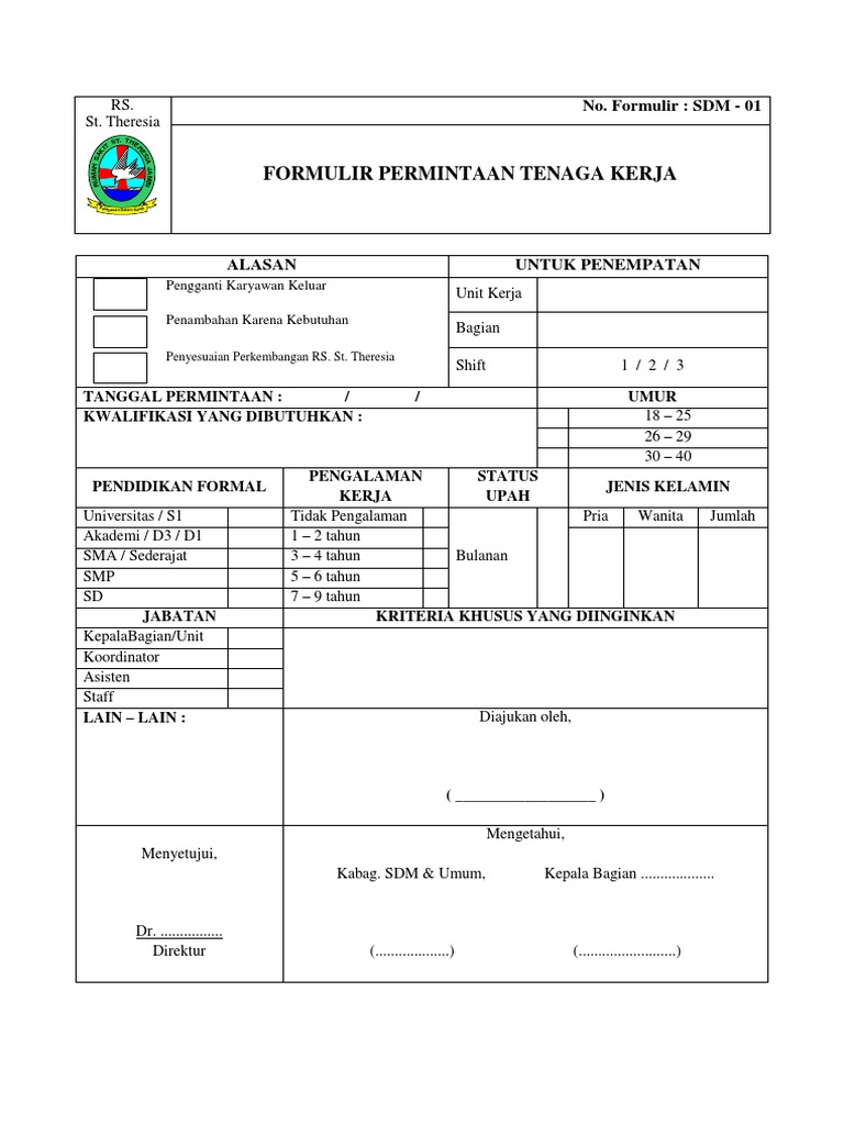 Formulir Permintaan Tenaga Kerja RS. St. Theresia | PDF