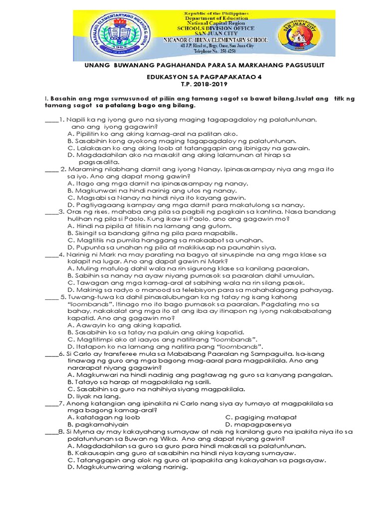 1st Buwanang Paghahanda para Sa Markahang Pagsusulit | PDF