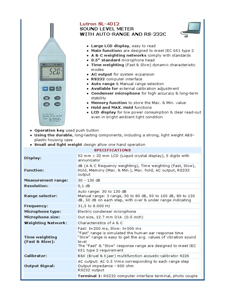 Sound Level Meter With Auto-Range and Rs-232C: Lutron SL-4012 | PDF ...