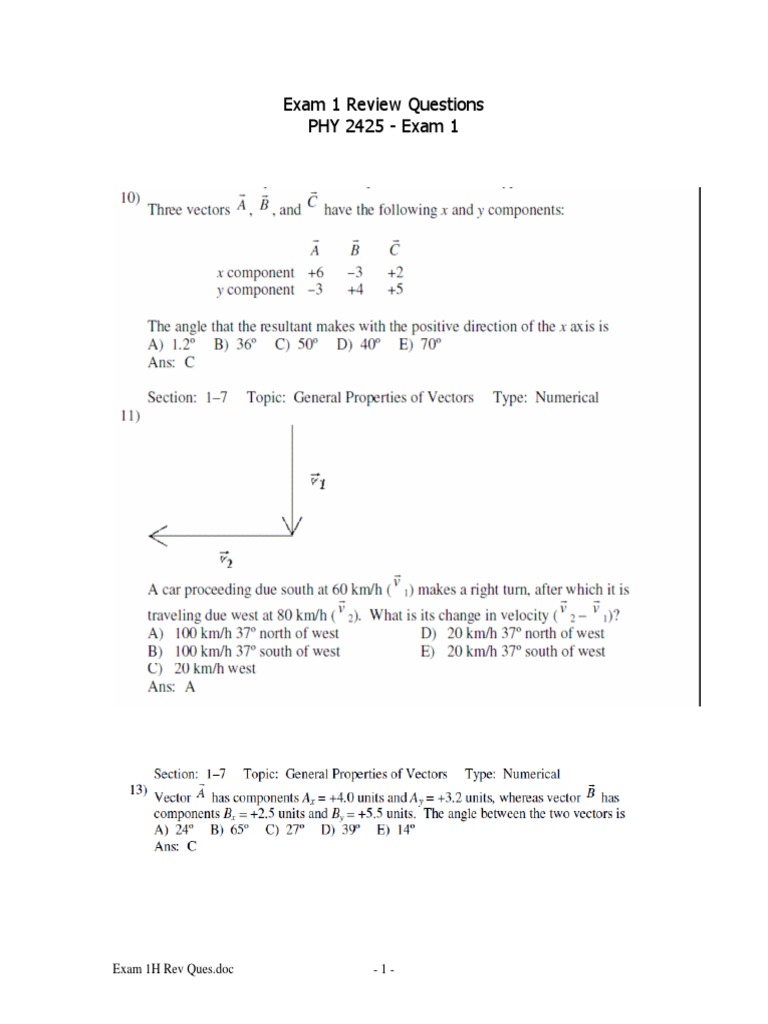 Exam 1 Review Questions PHY 2425 - Exam 1: Exam 1H Rev Ques - Doc - 1 | PDF | Velocity | Quantity