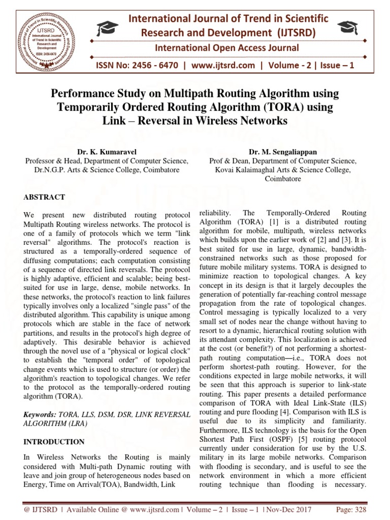 Performance Study On Multipath Routing Algorithm Using Temporarily Ordered Routing Algorithm ...