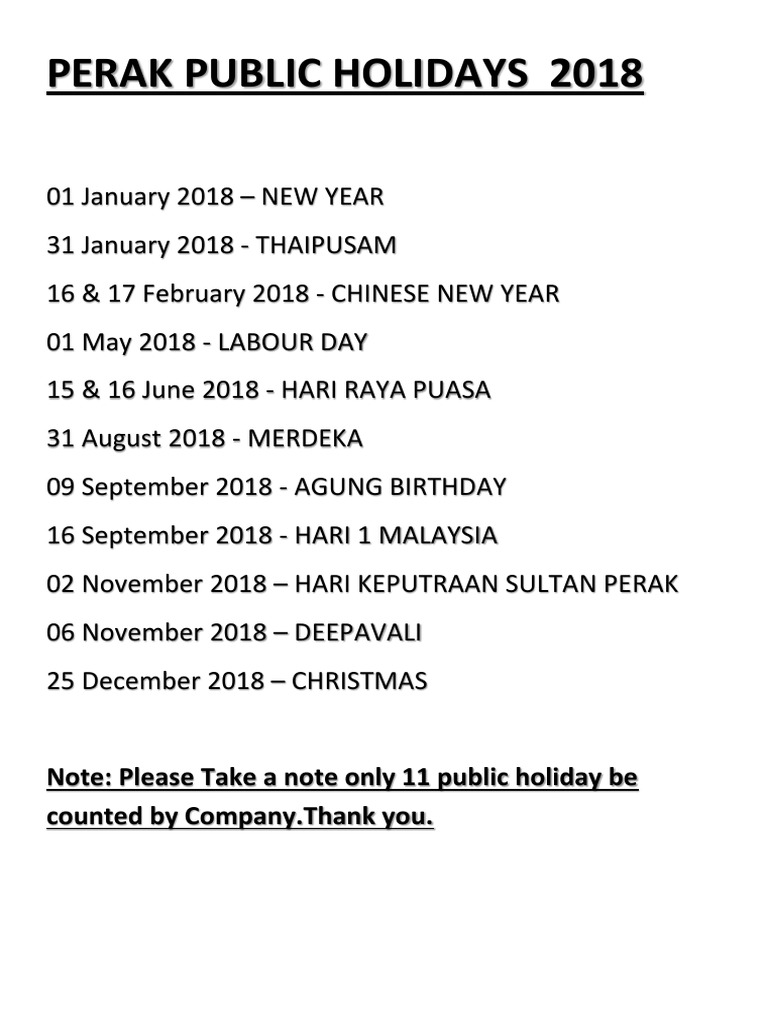 Perak Public Holidays 2018: Counted by Company - Thank You | PDF