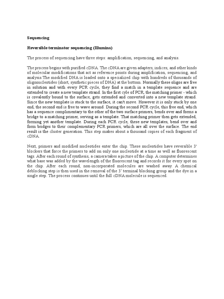 Sequencing Reversible Terminator Sequencing (Illumina) | PDF