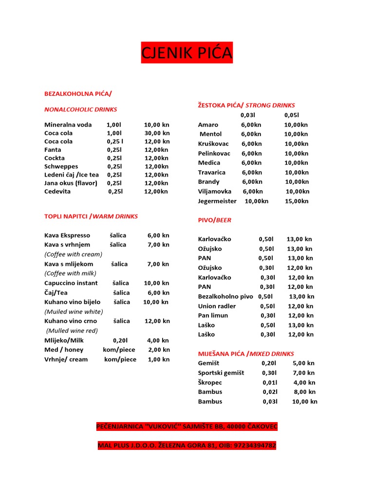 Cjenik Pića | PDF