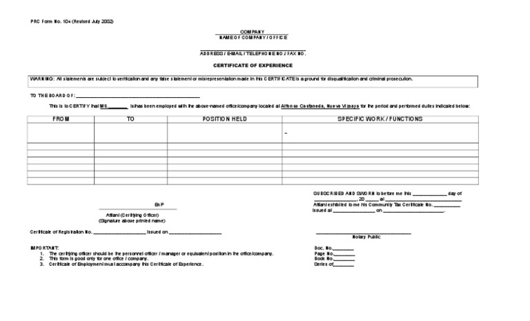 PRC Form 104: Certificate of Experience | PDF | Government Information ...