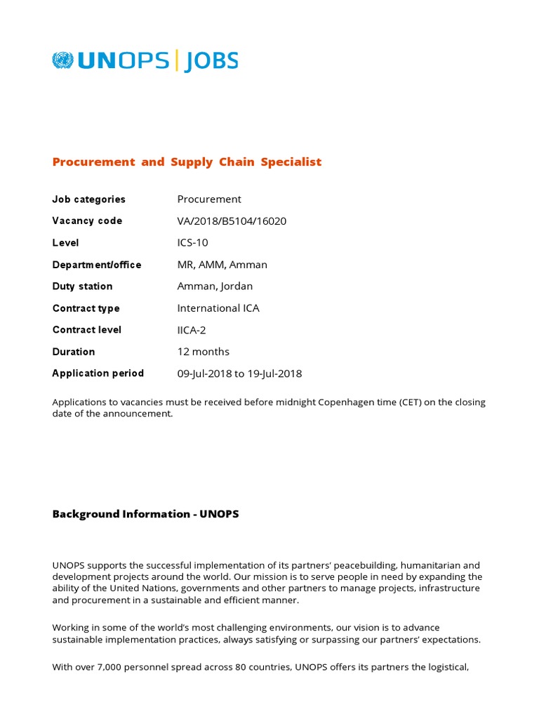 Procurement and Supply Chain Specialist: Background Information - UNOPS ...