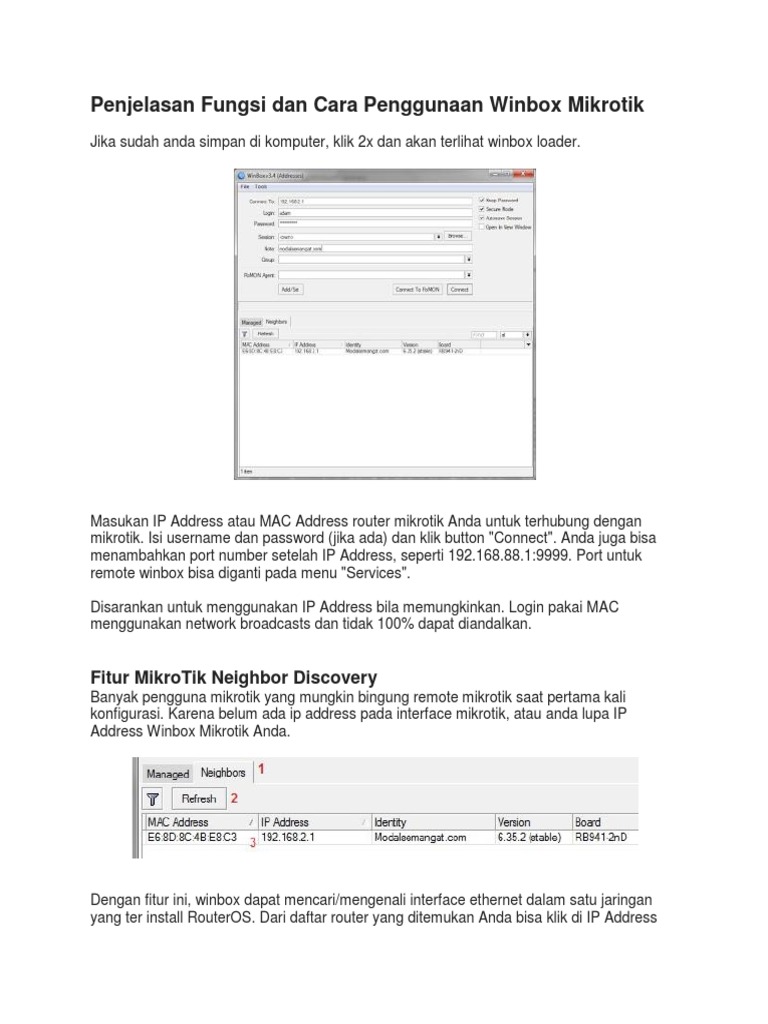 Penjelasan Fungsi Dan Cara Penggunaan Winbox Mikrotik | PDF