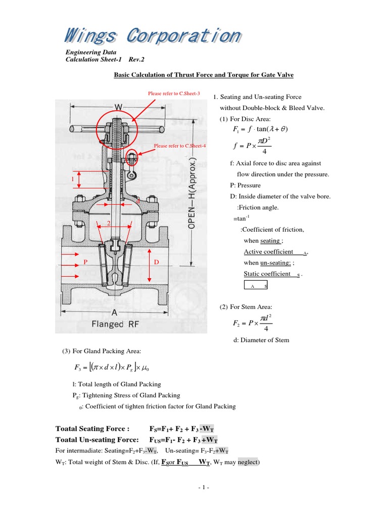 Calculation Sheet-1 Rev.2: Basic Calculation of Thrust Force and Torque For Gate Valve | PDF ...