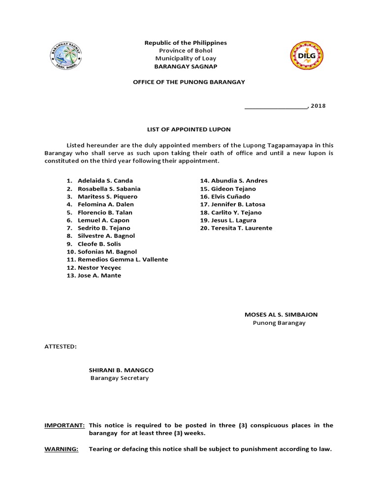 List of Appointed Lupon Members | PDF