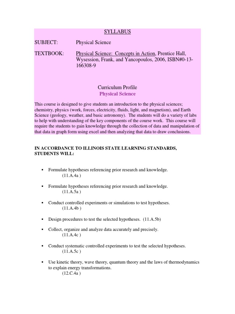 Physical Science Syllabus | PDF | Science | Physics
