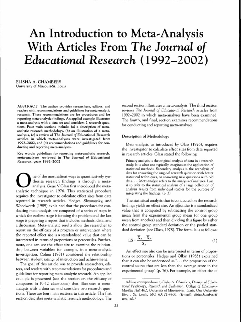 Educational Research (1992-2002) : An Introduction To Meta-Analysis With Articles From The ...