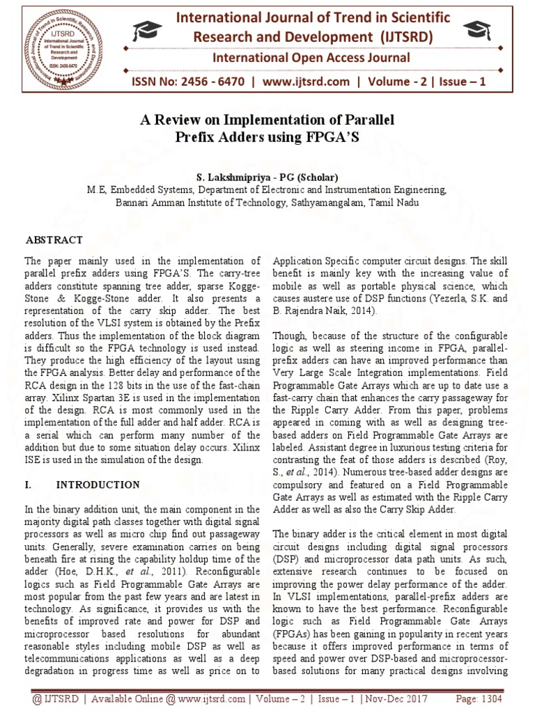 A Review On Implementation of Parallel Prefix Adders Using FPGA'S | PDF | Field Programmable ...