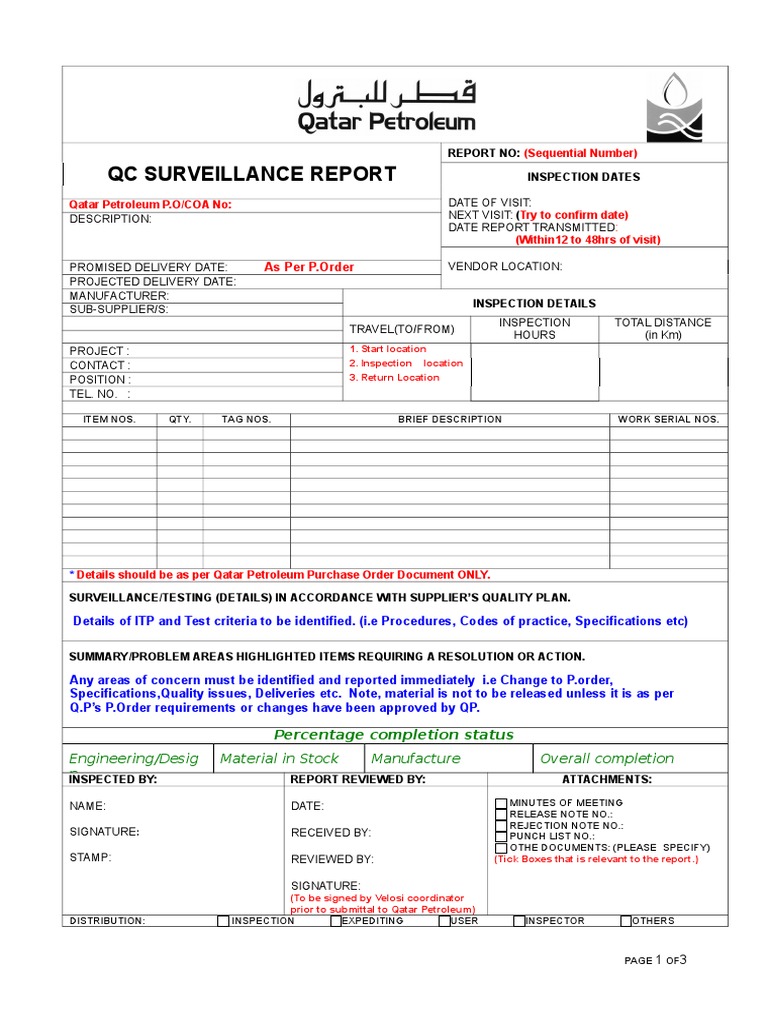 QC Surveillance Report: As Per P.Order | PDF | Specification (Technical ...