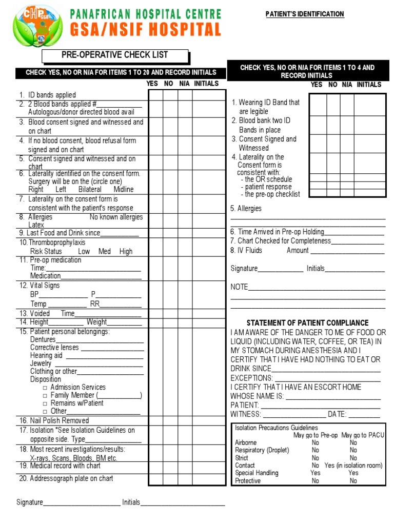 Pre-Operative Check List | PDF | Surgery | Health Care