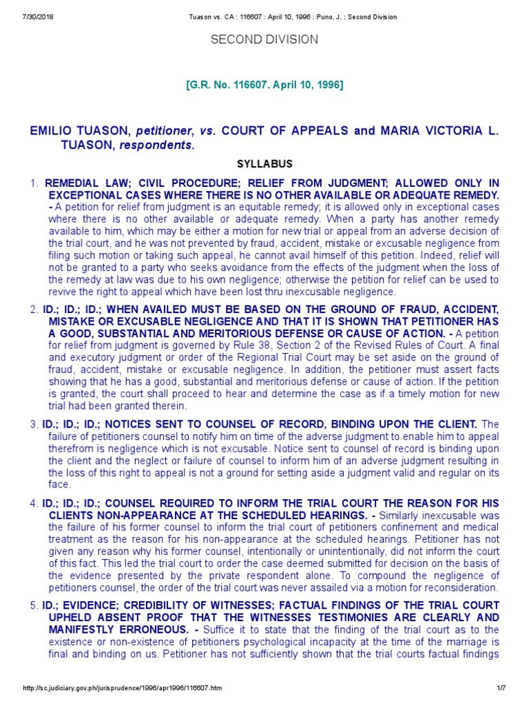 Emilio Tuason, Petitioner, vs. Court of Appeals and Maria Victoria L ...