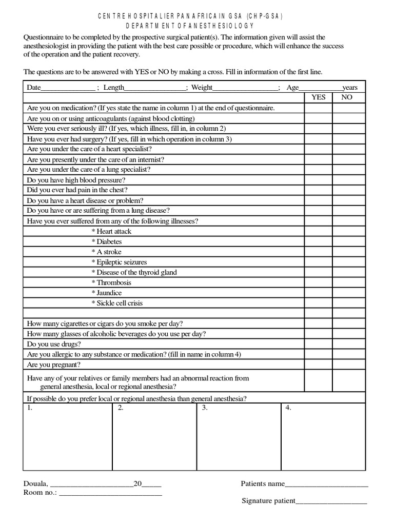 CHP-GSA Pre-Op Questionnaire for Anesthesia Assessment | PDF