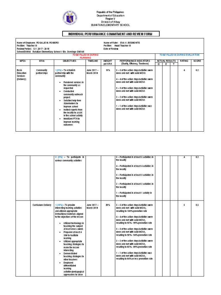 IPCRF - KRAs 2017-2018 | PDF | Teachers | Behavior Modification