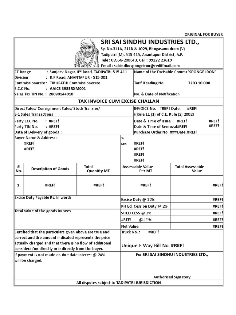 Sri Sai Sindhu Industries LTD.,: Tax Invoice Cum Excise Challan | PDF ...