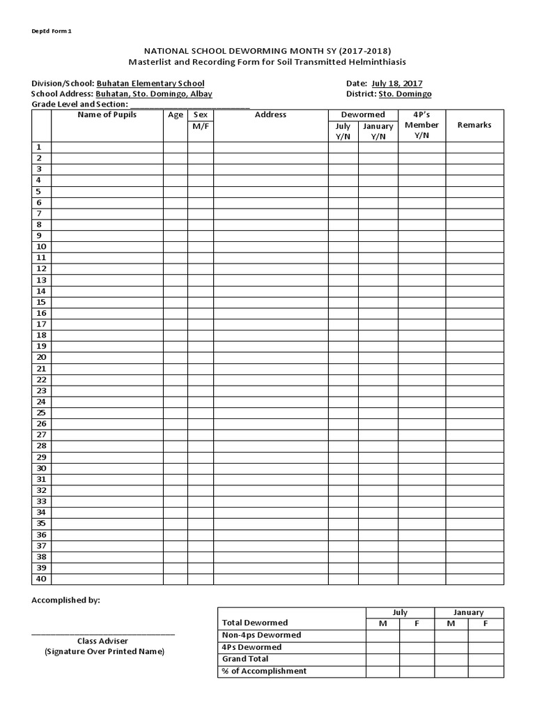 National School Deworming Month Sy (2017-2018) Masterlist and Recording Form For Soil ...