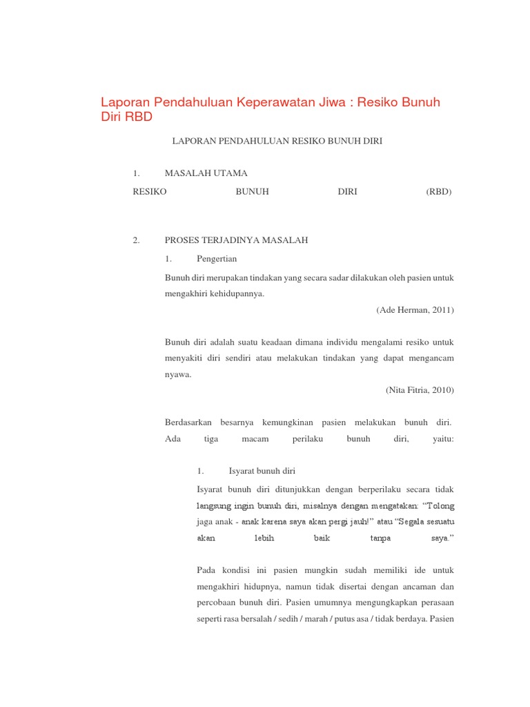 Laporan Pendahuluan Keperawatan Jiwa: Resiko Bunuh Diri RBD | PDF