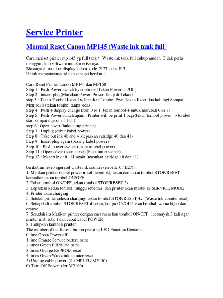 Service Printer: Manual Reset Canon MP145 (Waste Ink Tank Full) | Download Free PDF | Printer ...