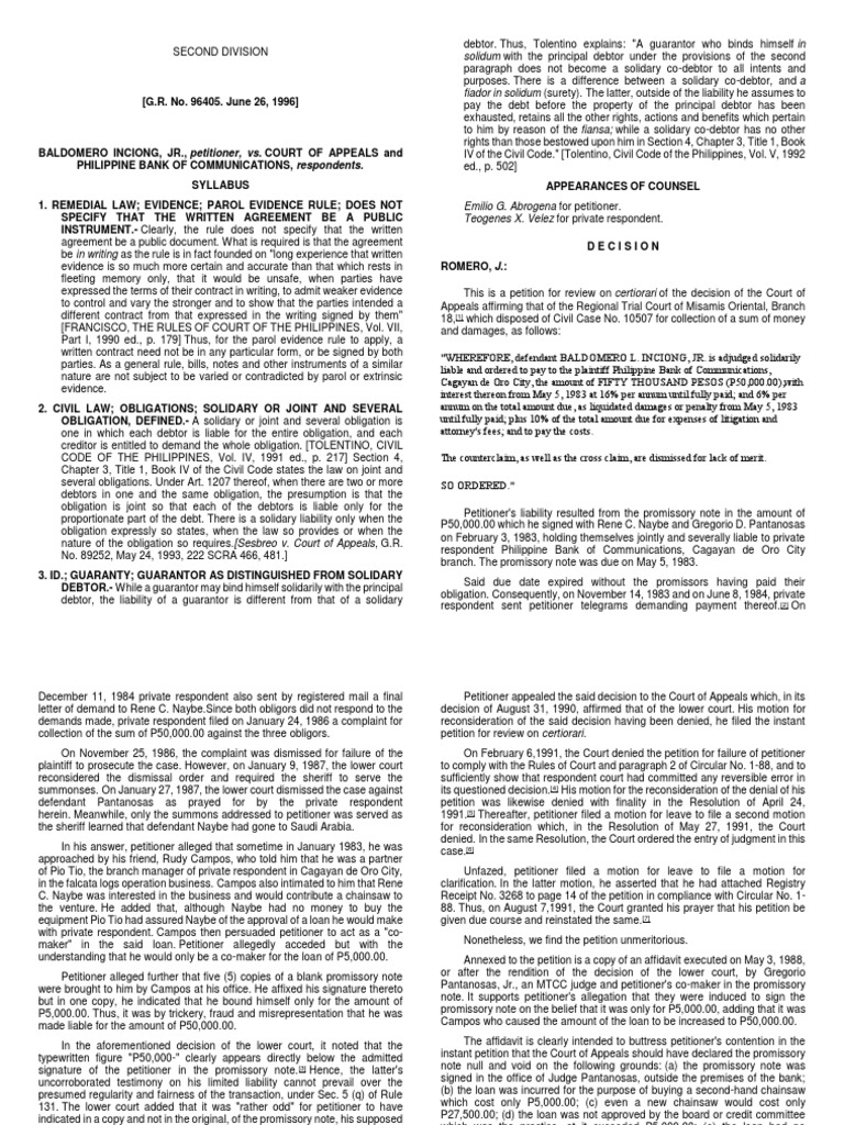 Solidum With The Principal Debtor Under The Provisions of The Second ...
