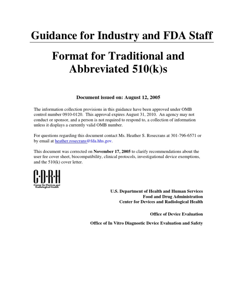510(k) Submission Format Guidance | PDF | Federal Food | Medical Device