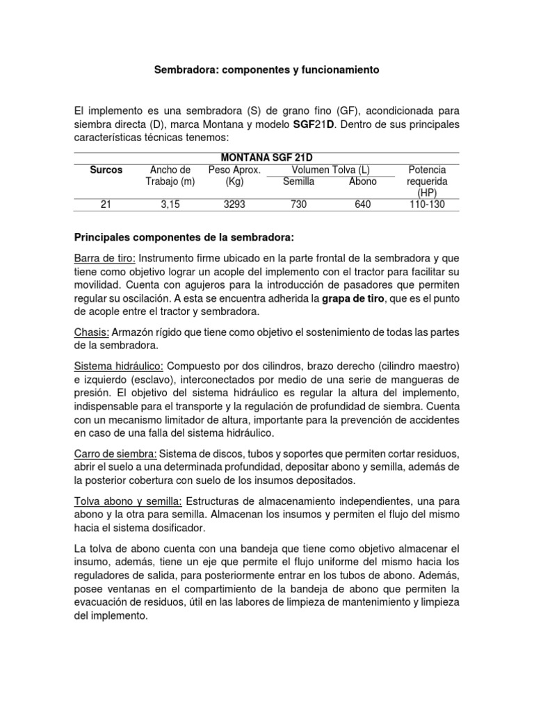Sembradora Montana: Partes y Funcionamiento | PDF | Fertilizante | Eje