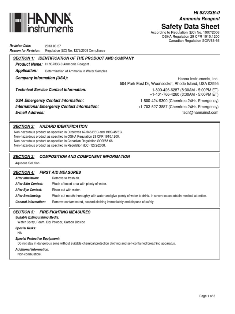 Safety Data Sheet: HI 93733B-0 Ammonia Reagent | PDF | Toxicity | Water
