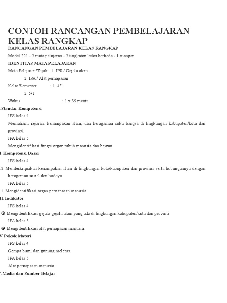Contoh Rancangan Pembelajaran Kelas Rangkap | PDF