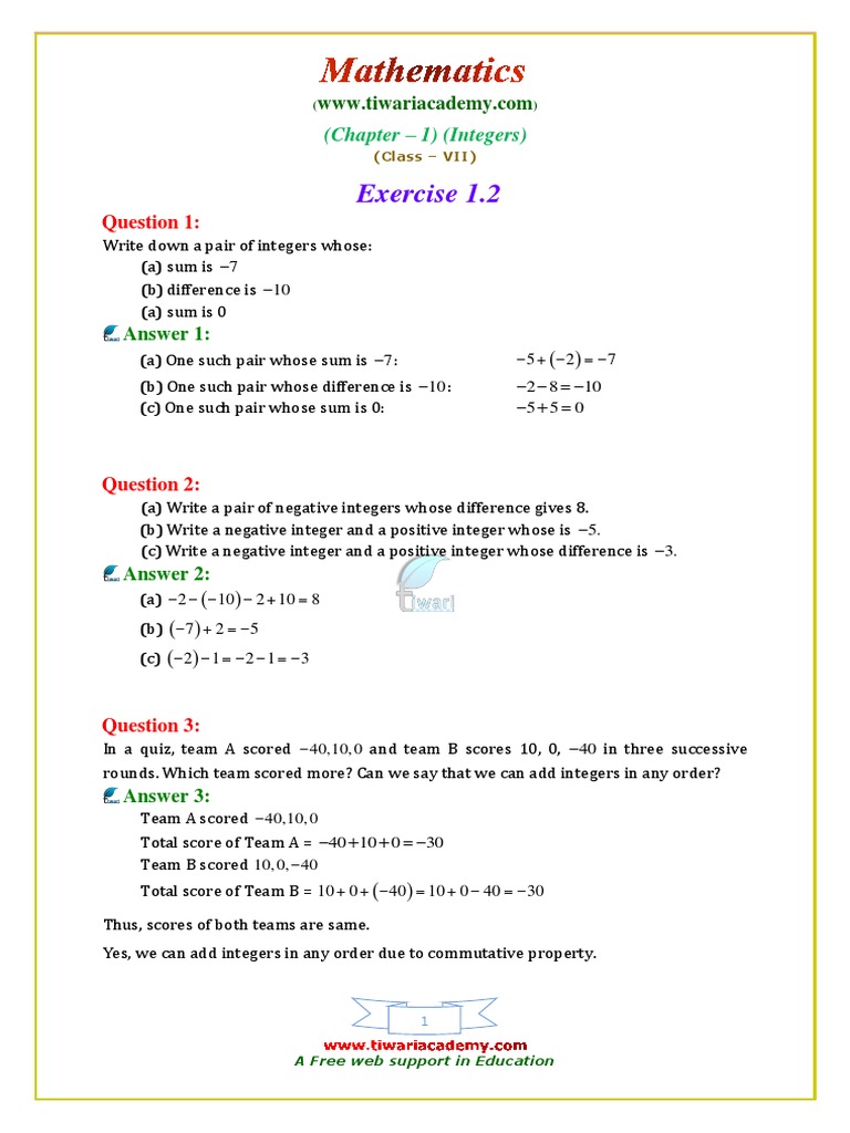 Class 7 Integer Exercises | PDF | Integer | Abstract Algebra