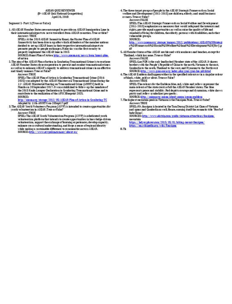 Asean Quiz Reviewer | PDF | Association Of Southeast Asian Nations