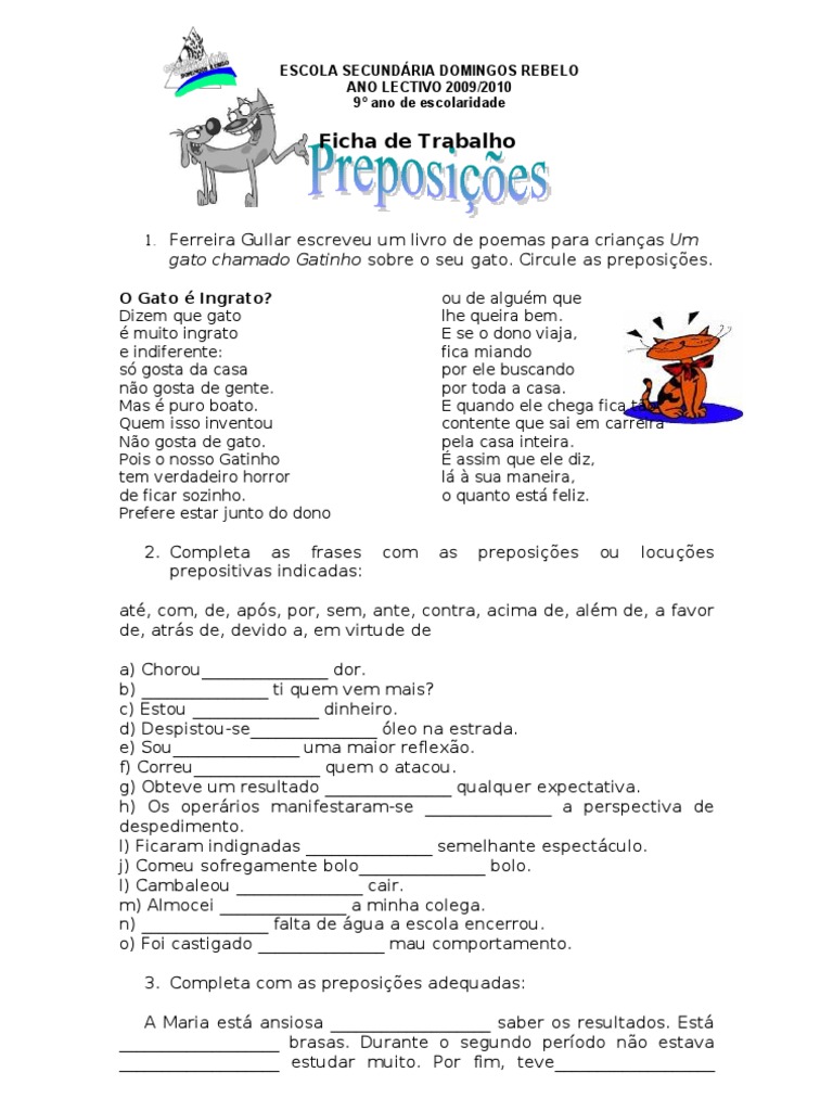 Atividades sobre Preposições para 5º Ano | PDF | Preposição e posposição