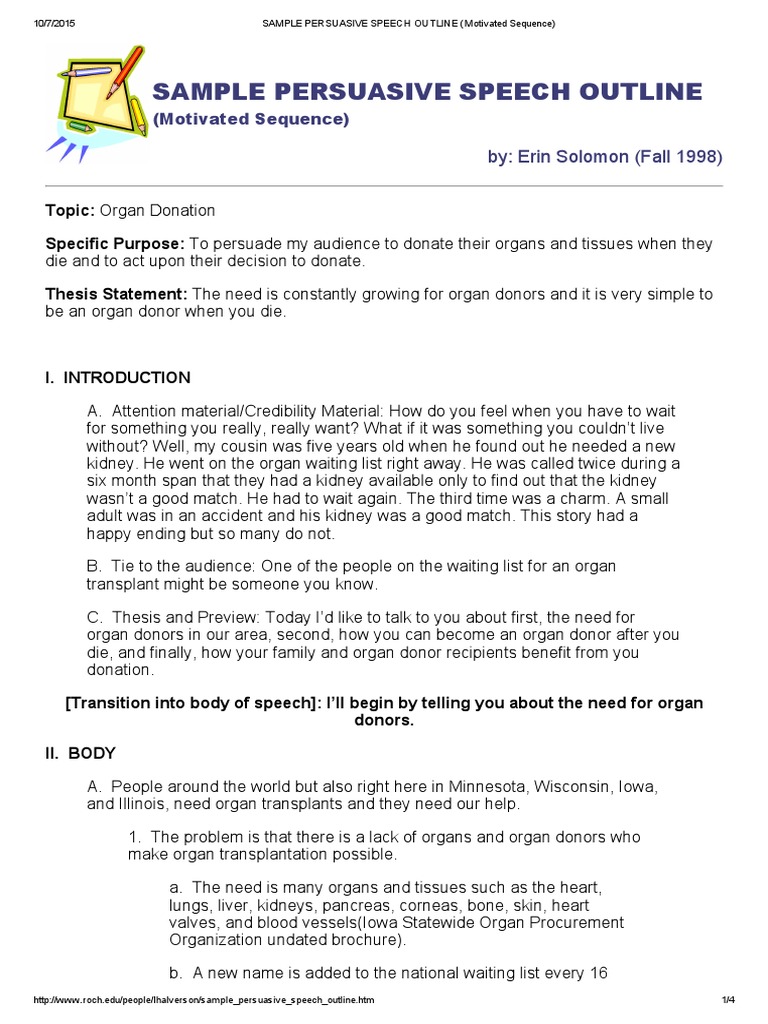 SAMPLE PERSUASIVE SPEECH OUTLINE (Motivated Sequence) PDF | Download ...