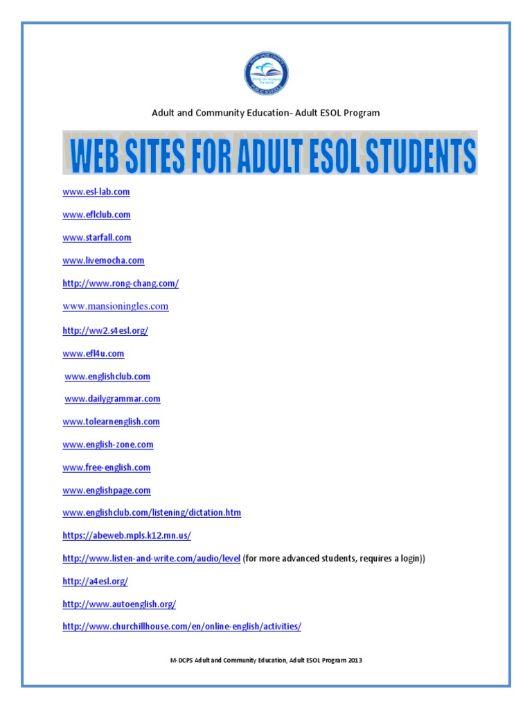 Adult and Community Education-Adult ESOL Program: (For More Advanced ...