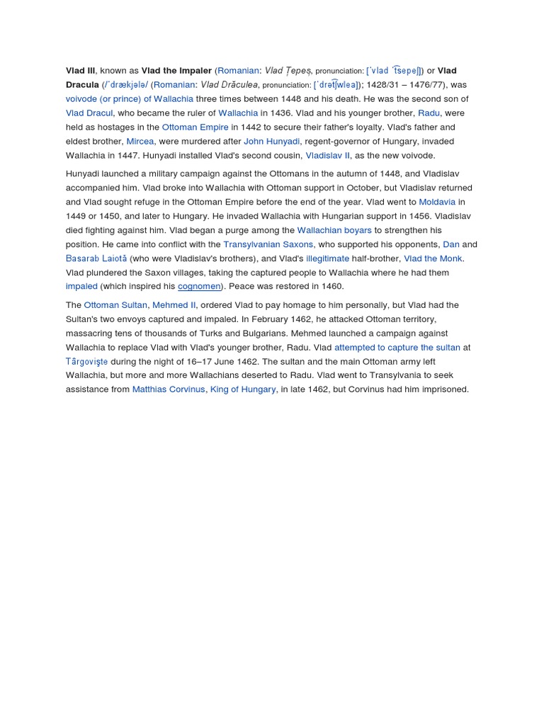 Vlad III, Known As Vlad The Impaler (Dracula (: Vlad Țepeș, Vlad ...