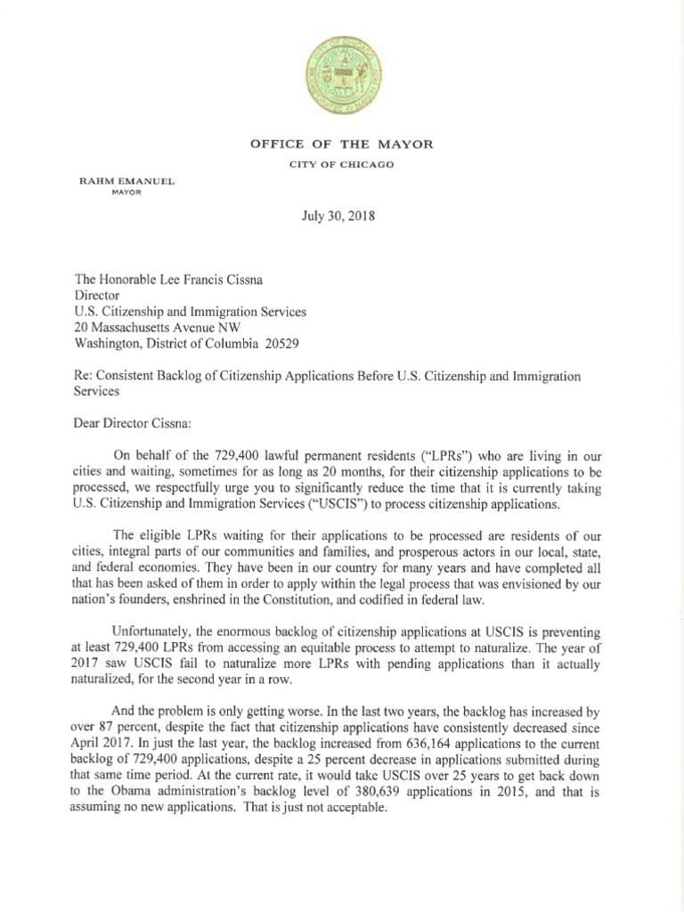 Naturalization Letter - Mayor Rahm Emanuel - 7-30-2018 | PDF
