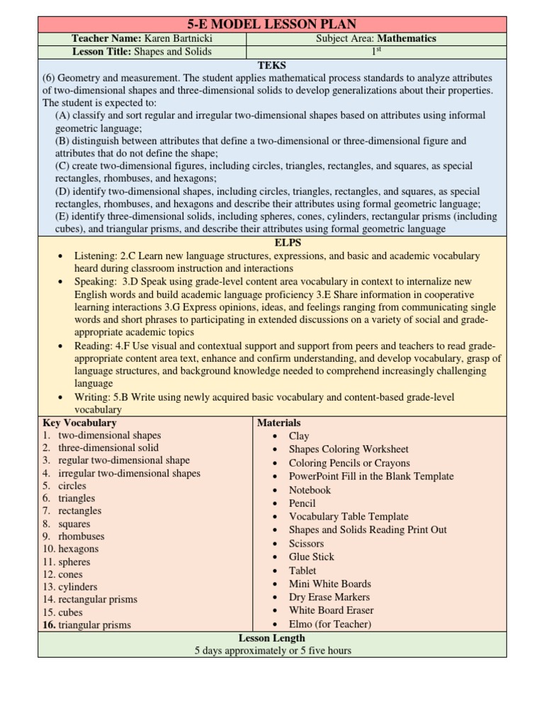 5-E Model Lesson Plan | PDF | Area | Shape