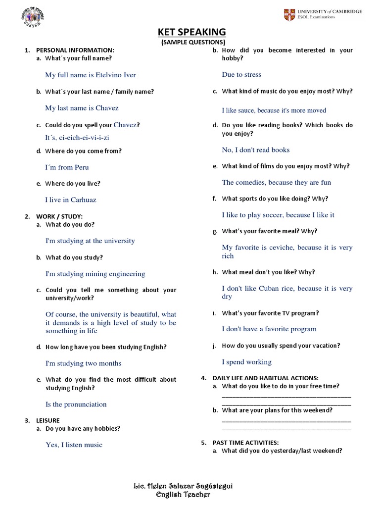 Ket Speaking: (Sample Questions) 1. Personal Information | PDF