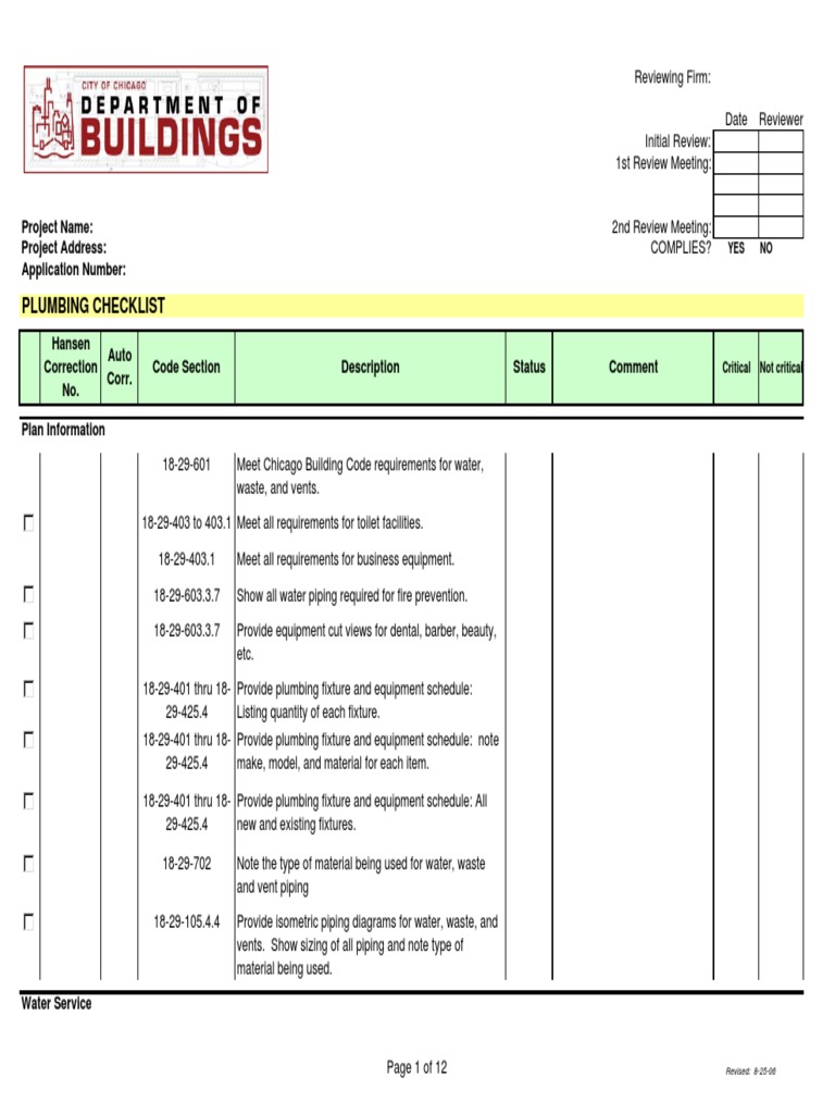Plumbing Checklist: Project Name: Project Address: Application Number ...