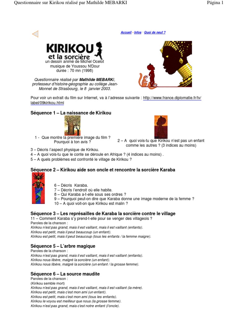 Questionnaire Sur Kirikou Et La Sorcière | PDF | La nature