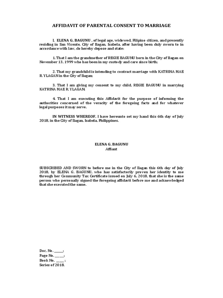 Affidavit of Parental Consent To Marriage | PDF | Affidavit ...