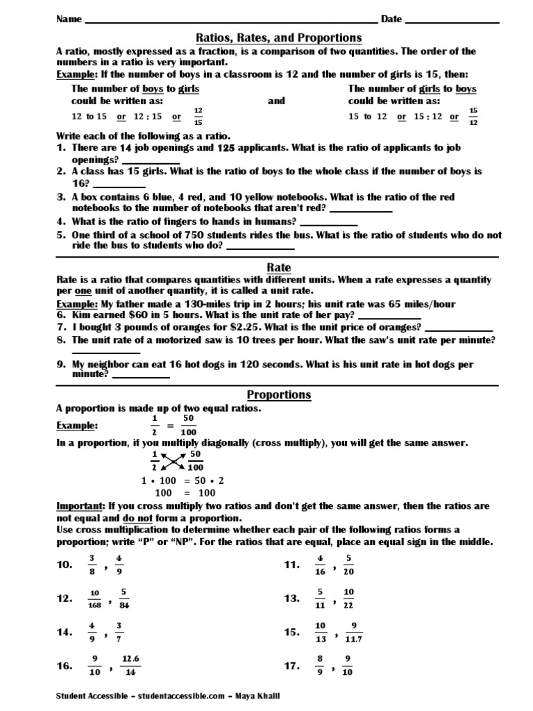 Ratios Rates and Proportions Worksheet | PDF | Ratio | Elementary ...