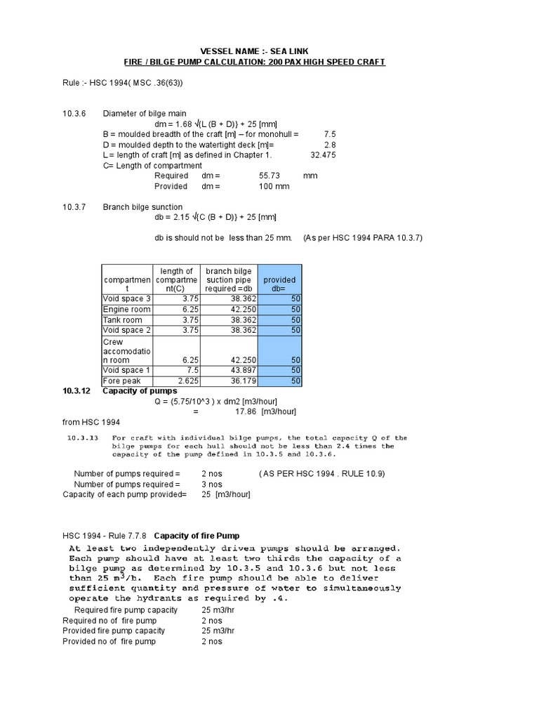 Bilge & Fire Pump Calculation - Sealink | PDF