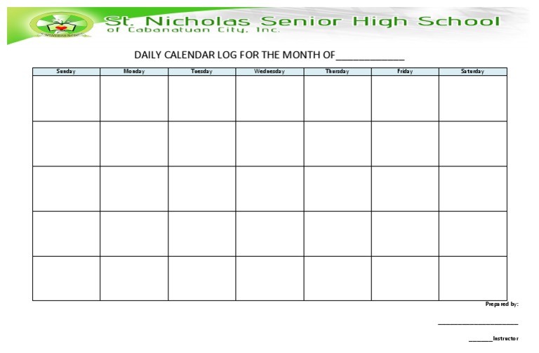 Daily Calendar Log For The Month of - : Sunday Monday Tuesday Wednesday ...
