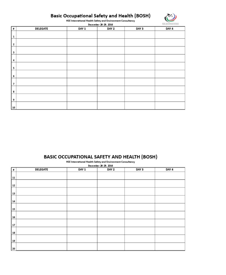 00b1. HSE - BOSH Attendance Sheet | PDF