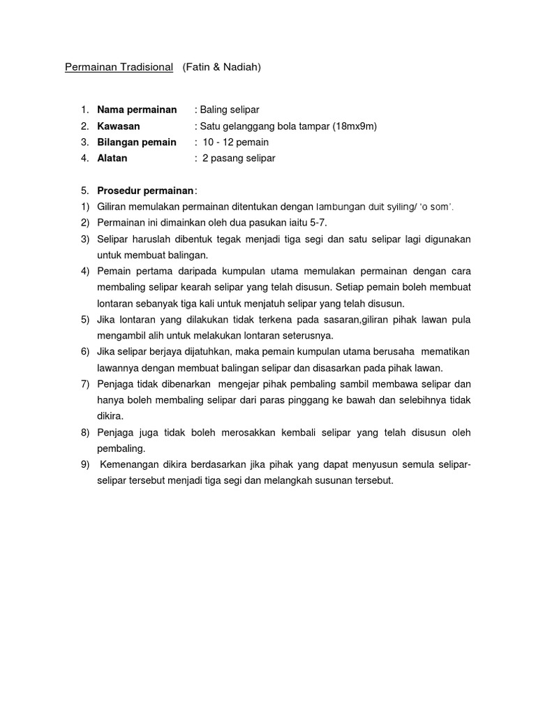 Permainan Tradisional Baling Selipar Lengkap | PDF