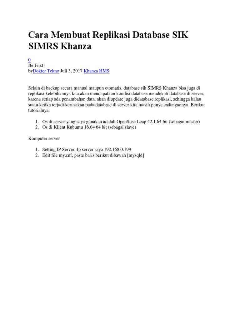 Cara Membuat Replikasi Database SIK SIMRS Khanza | PDF