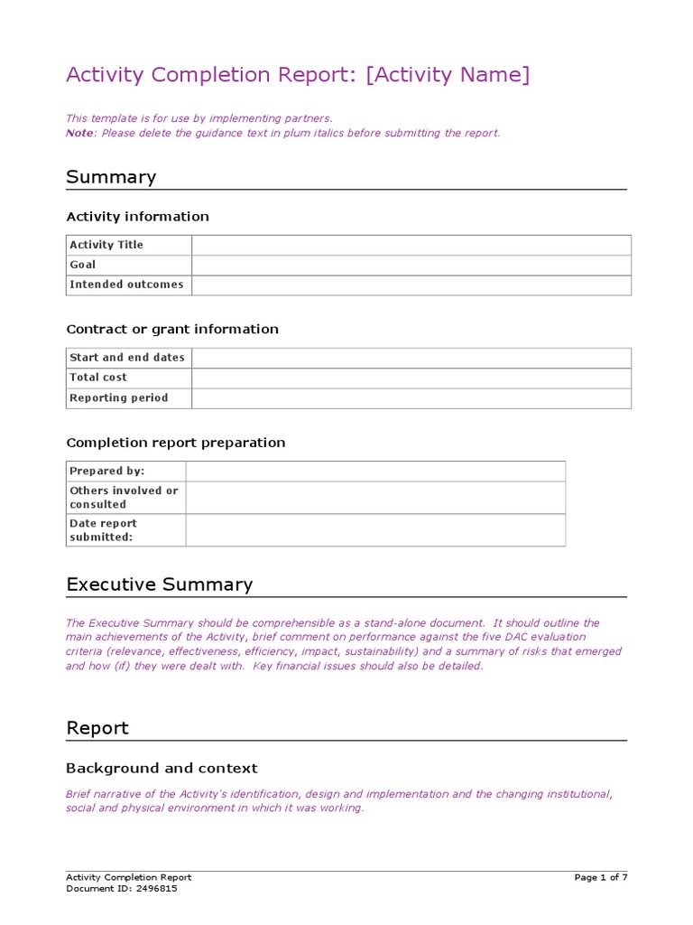 Activity Completion Report Template | PDF | Governance | Evaluation